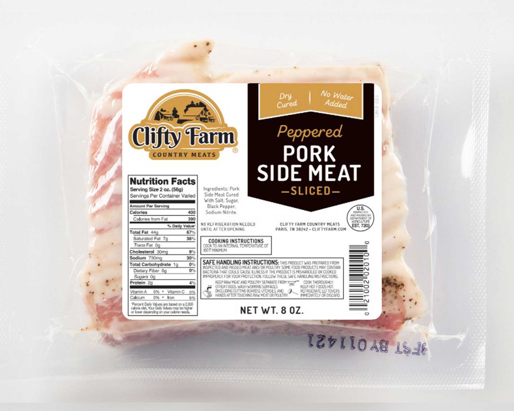 Peppered Pork Side Meat Sliced – 8 oz. | Clifty Farms
